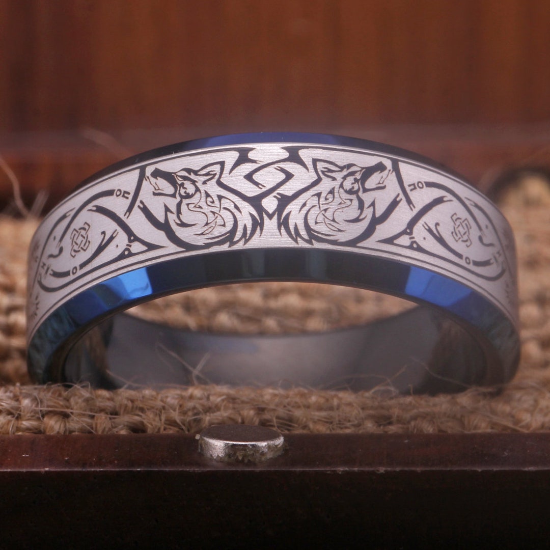 Aztec Wolf Ring Celtic Wolf Ring Viking Wolves Ravens Ring Wedding Band ...