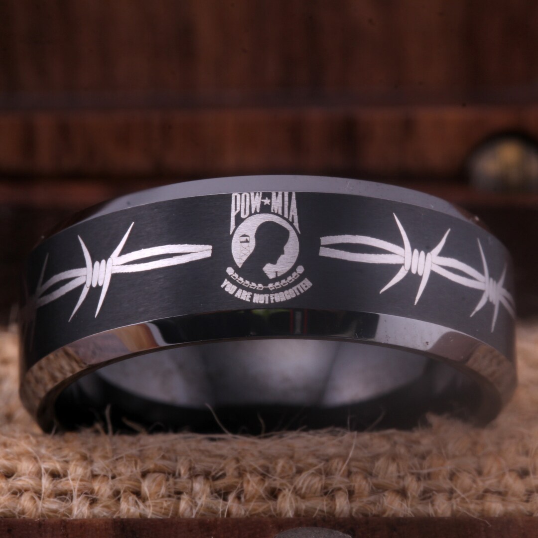 POW*MIA Design 8mm Matte Black Tungsten Ring Silver Edges Top Quality ...