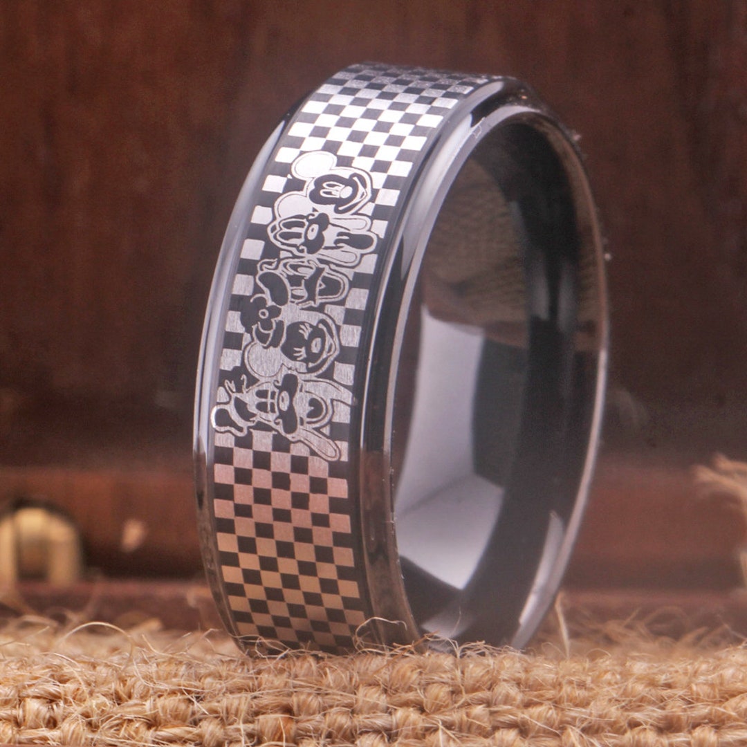 Black Tungsten Ring Mickey Mouse and Friends Ring, Mens Wedding Band ...