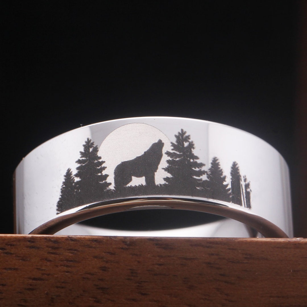 Engraved Wolf Ring, Silver Tungsten Wolf Ring, Wolf Promise Ring, Wolf Band Wild Wolf Tungsten ...