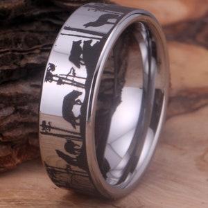 Wolves in Forest Ring Tungsten Howling Wolf Forest Landscape Scene Ring Silver Tungsten Ring ...