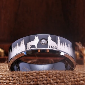Howling Wolf Ring Black Ring Forest Ring Black Tungsten Carbide With CZ Stone Wolf Ring Wedding ...