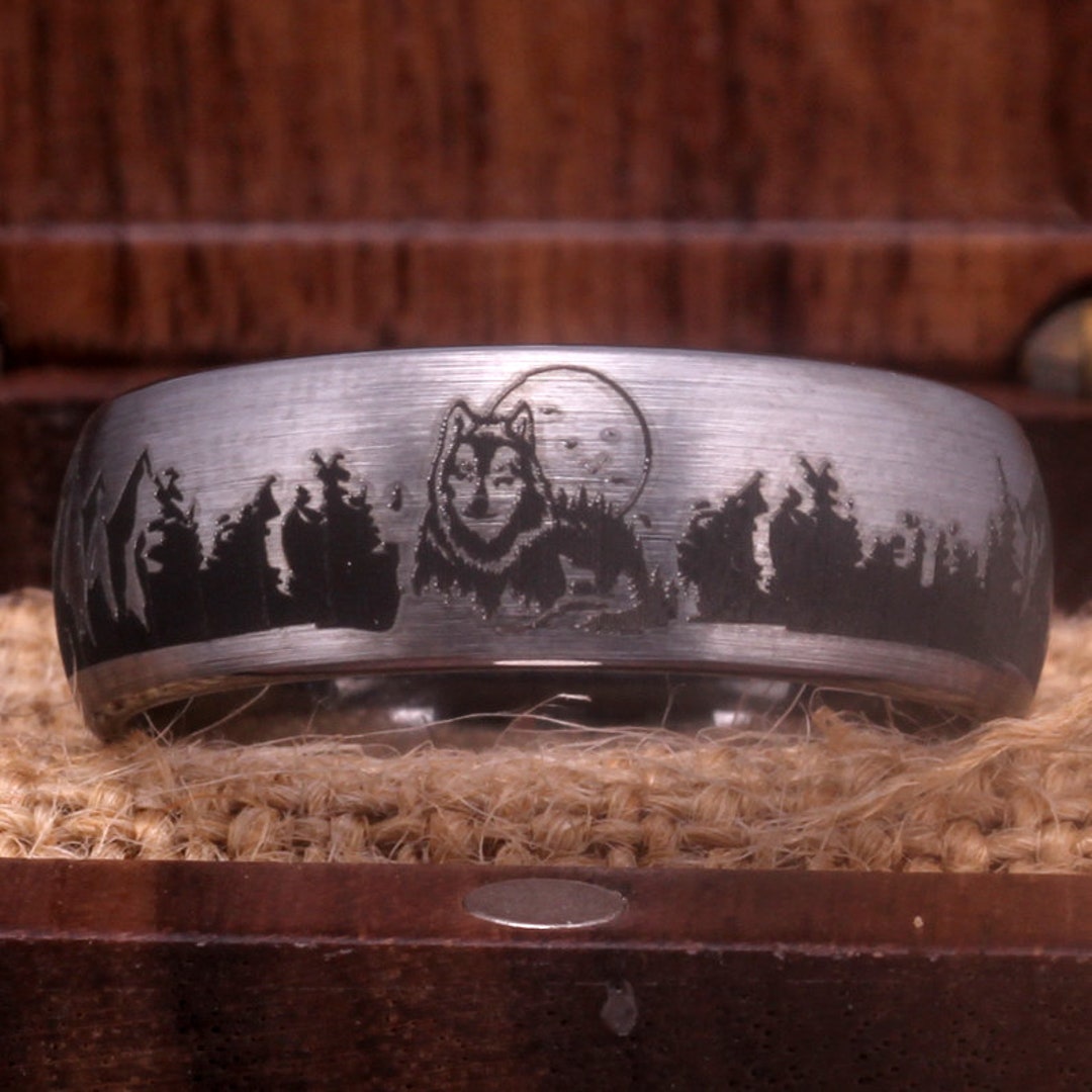 8mm Width Matte Silver Tungsten Ring Wolf Ring Wolf Forest Ring Animal ...