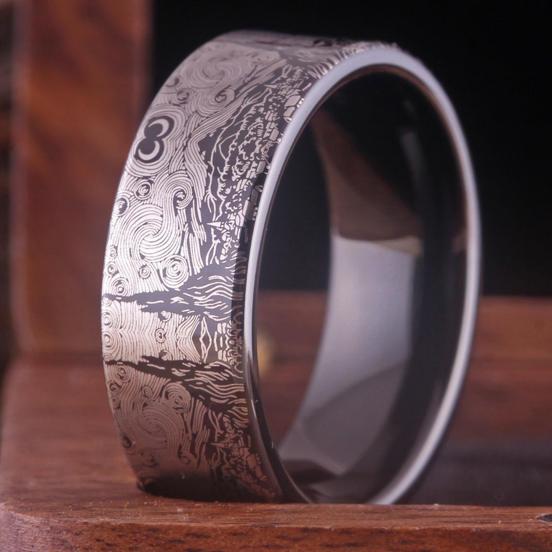 Wedding Band Ring Black Tungsten Ring Starry Night Engraved Ring Van ...