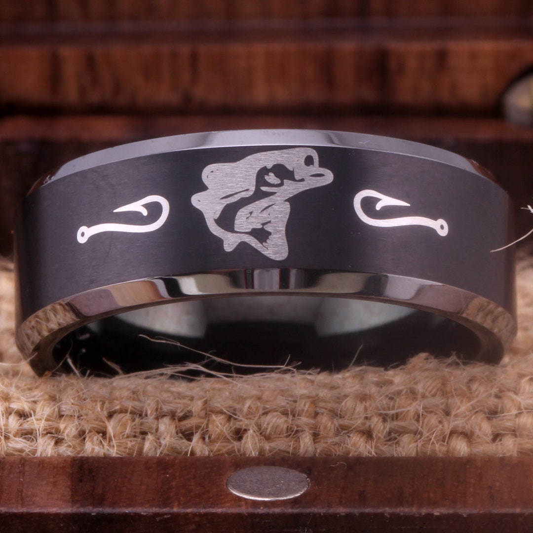 Fish Ring Fisherman Ring Fishing Wedding Band Black Tungsten Ring Bass ...