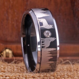 Howling Wolf Ring Black Ring Forest Ring Black Tungsten Carbide With CZ Stone Wolf Ring Wedding ...