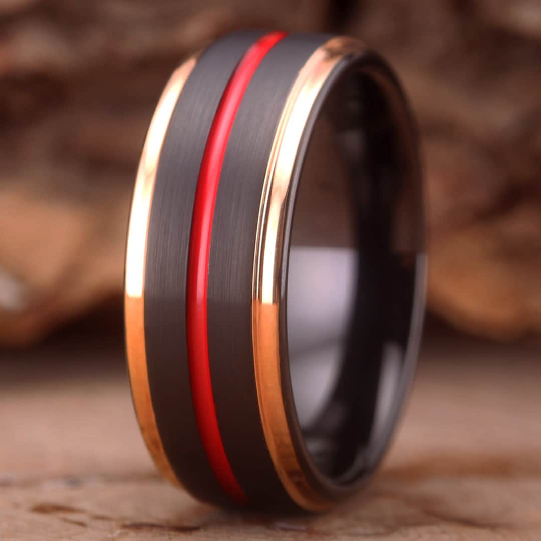 Red Tungsten Ring Wedding Band Red Strip Black Tungsten Ring ...