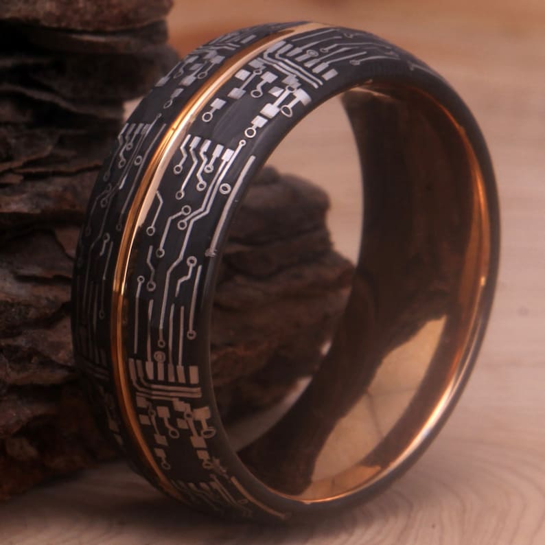 Black Wedding Ring Circuit Board Design 8mm Black Hammered | Etsy