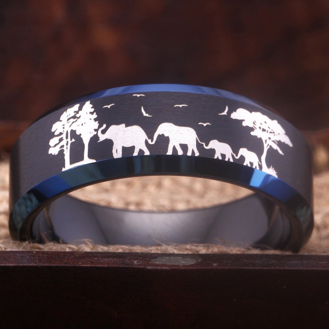 Elephant Ring Outdoor Ring Black Wedding Ring Beveled Blue Tungsten ...