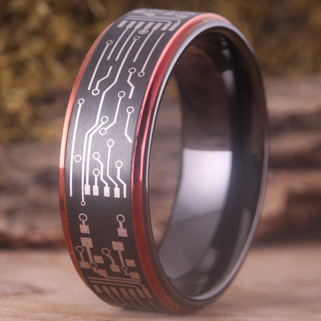 Wedding Band Engraved Circuit Board Ring 8mm Black With Red Step ...