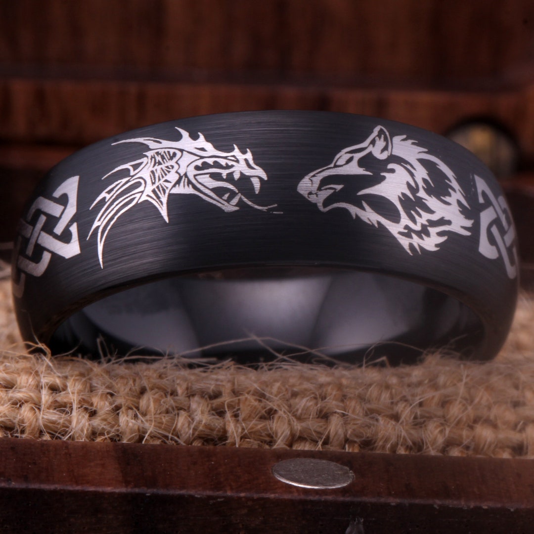 Dragon and Wolf Ring Black Wolf Ring Celtic Dragon and Wolf Ring Black ...