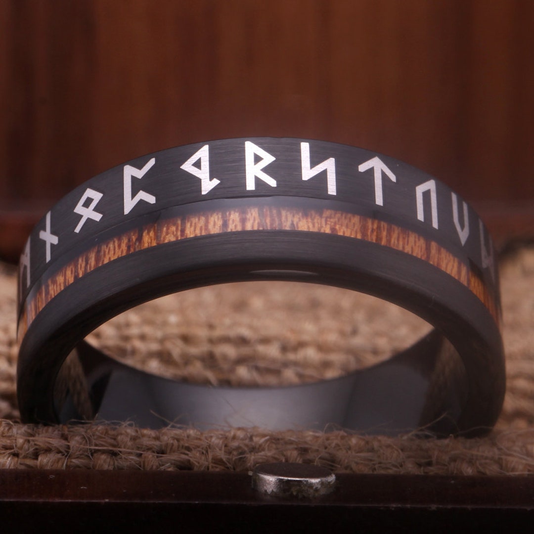 Black Viking Ring Norse Rune Ring for Men Wood Inlay Black Tungsten ...