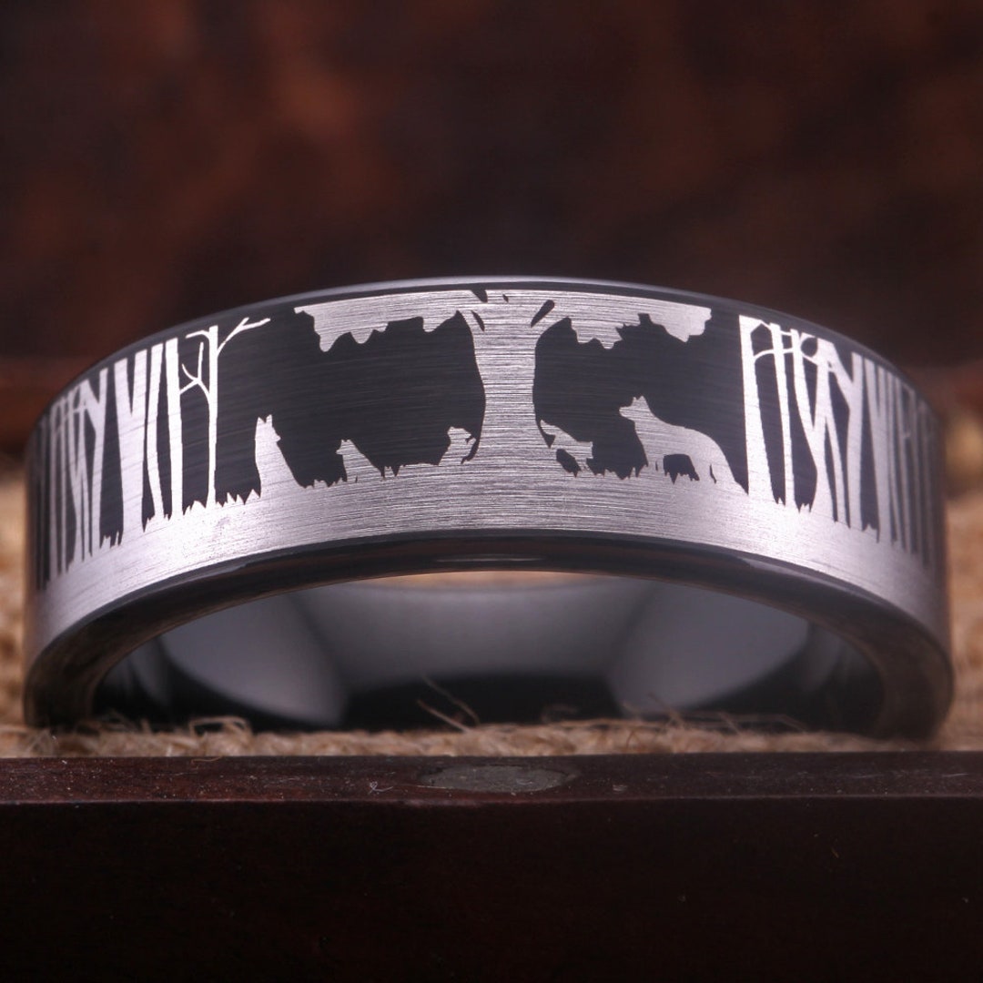 Wedding Band, His Hers Ring, Hedgehog, Hare, Foxes in Forest Pattern ...
