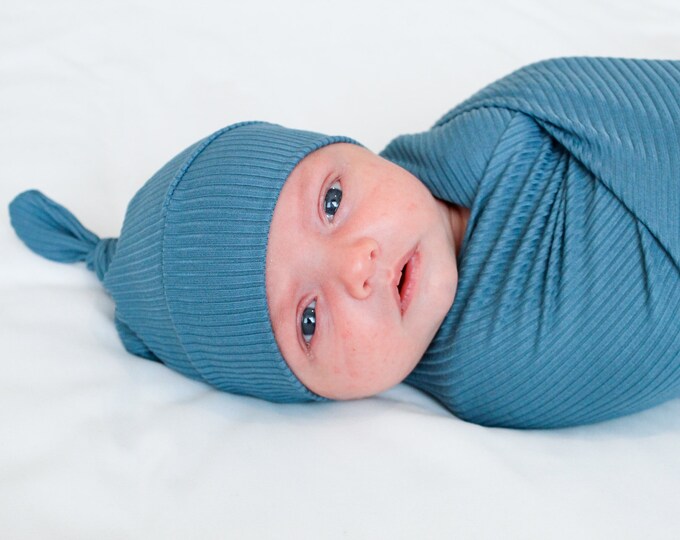 Blue Ribbed Knit Baby Swaddle Blanket Neutral Baby Swaddle - Etsy