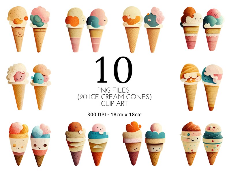 Funny Face Ice Cream Cone Clipart Illustration Bundle - Etsy