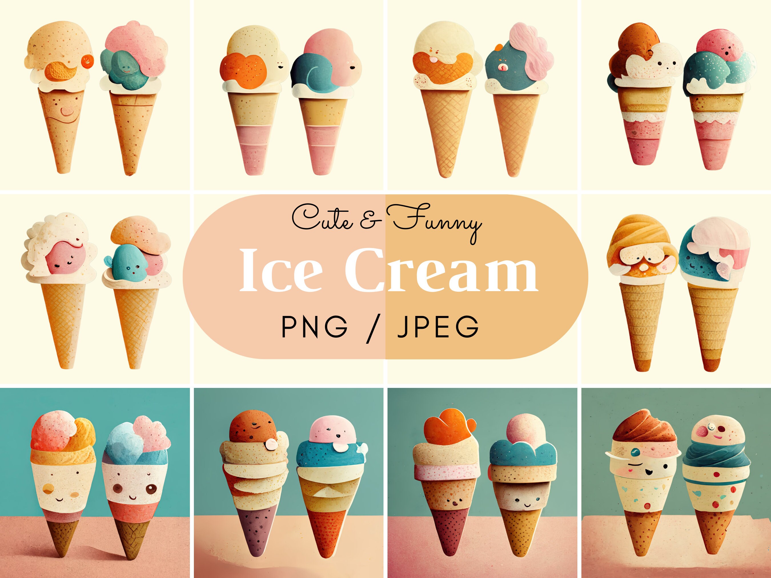 Funny Face Ice Cream Cone Clipart Illustration Bundle - Etsy