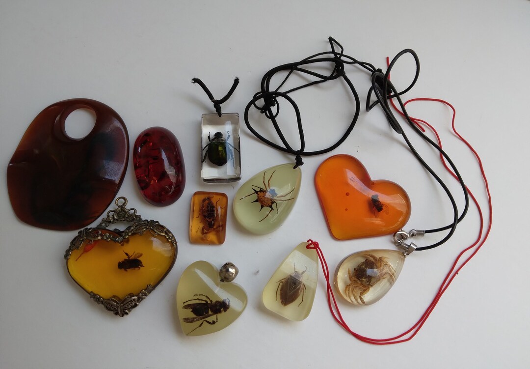 10 Pc Lot Vintage Encased Insects Plants Crab in Acrylic Pendants ...