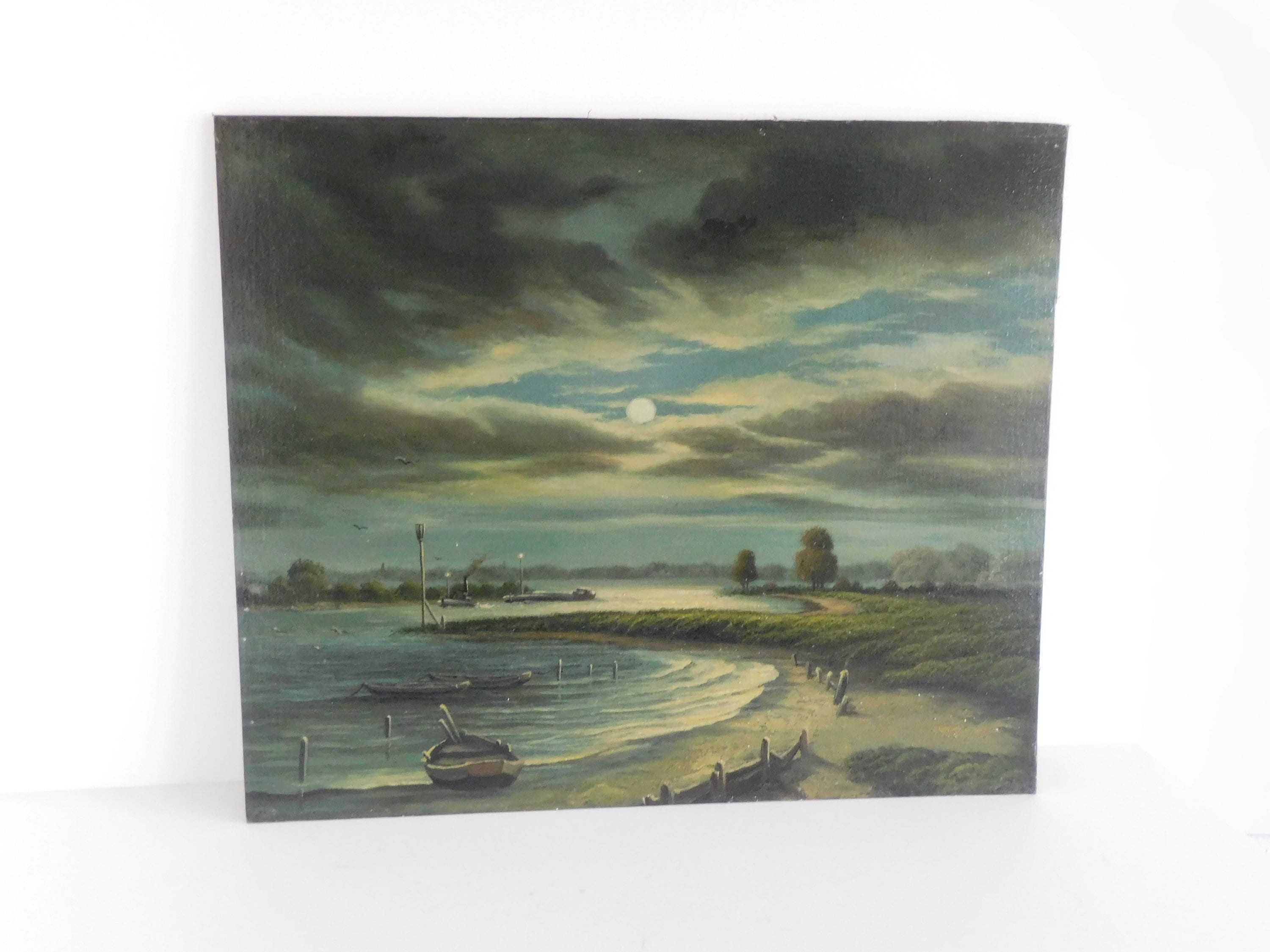 Original Dutch Oil Painting on Canvas on Wood marouflé River Landscape ...
