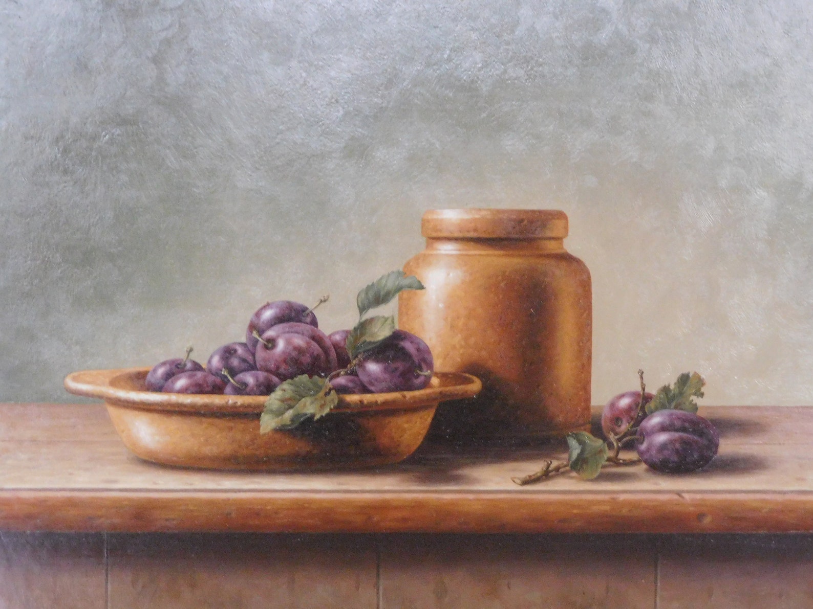 Original Dutch Oil Panting, Still Life, Ceramic Pot, Bowl and Plums ...