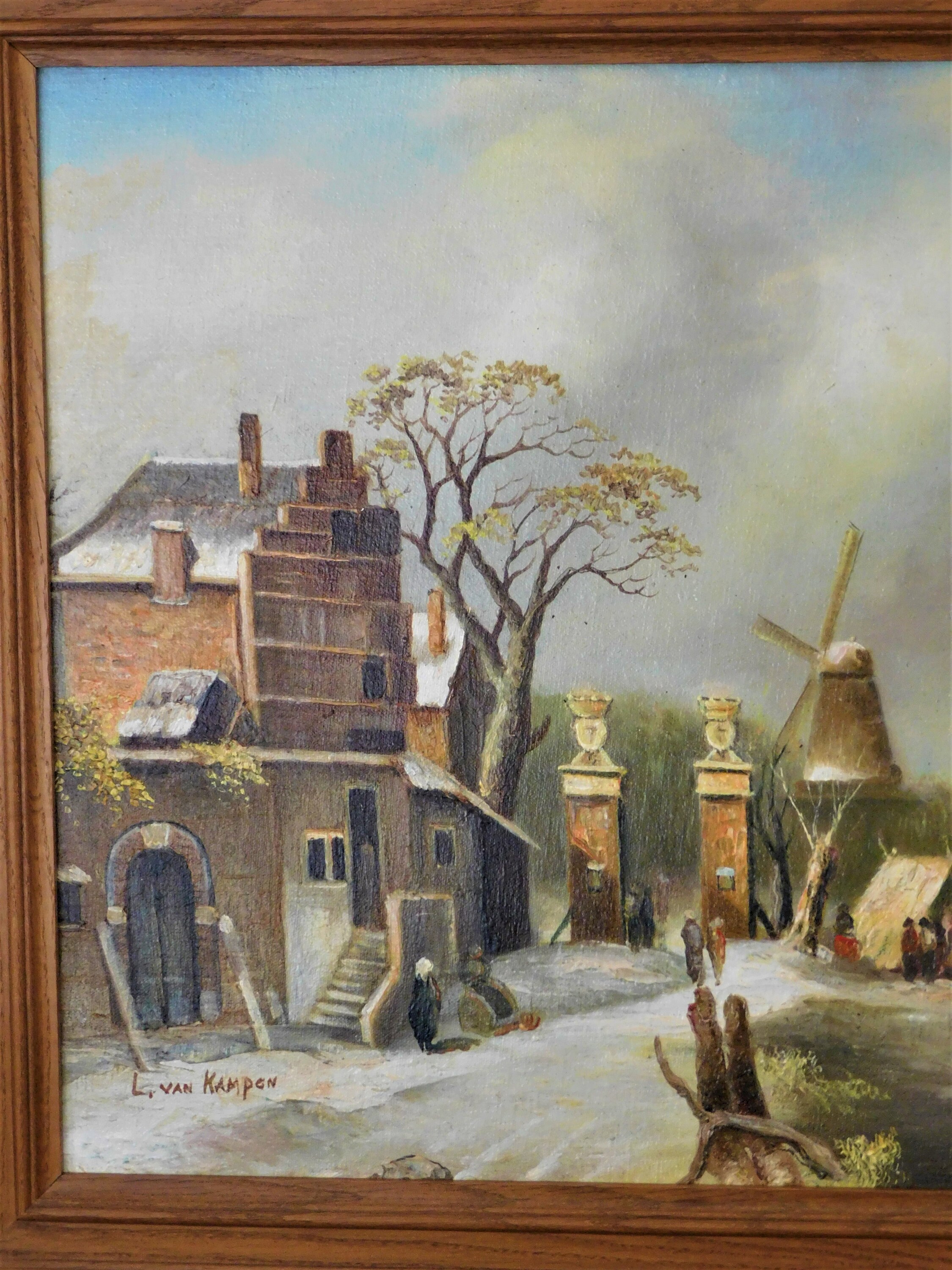 Original Dutch Oil Painting on Canvas, Old Dutch Winter Street Scene by ...
