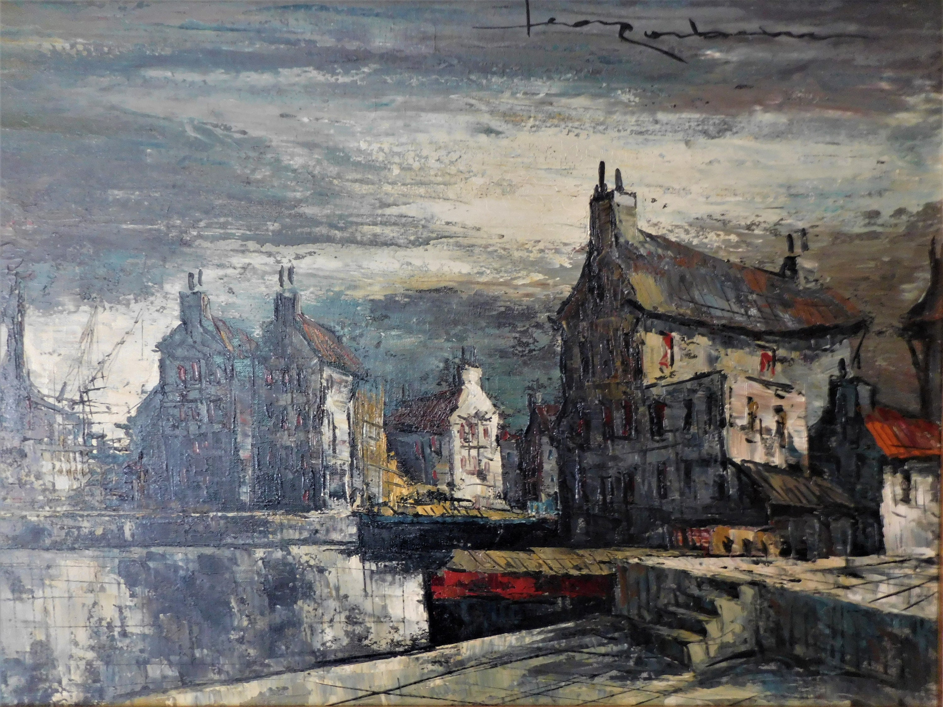 Unique Original Dutch Oil Painting of a City Harbour, Signed by Léon ...