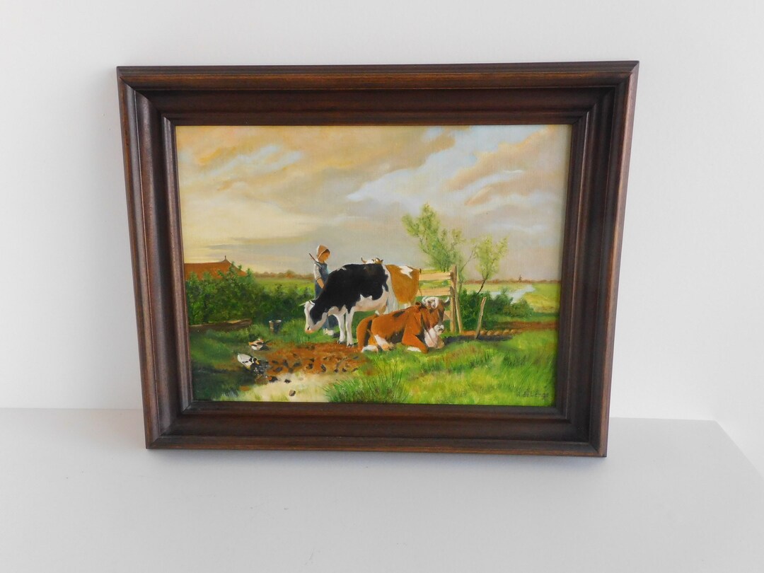 Original Dutch Oil Painting Canvas on Wood, Landscape With Cows, Framed ...