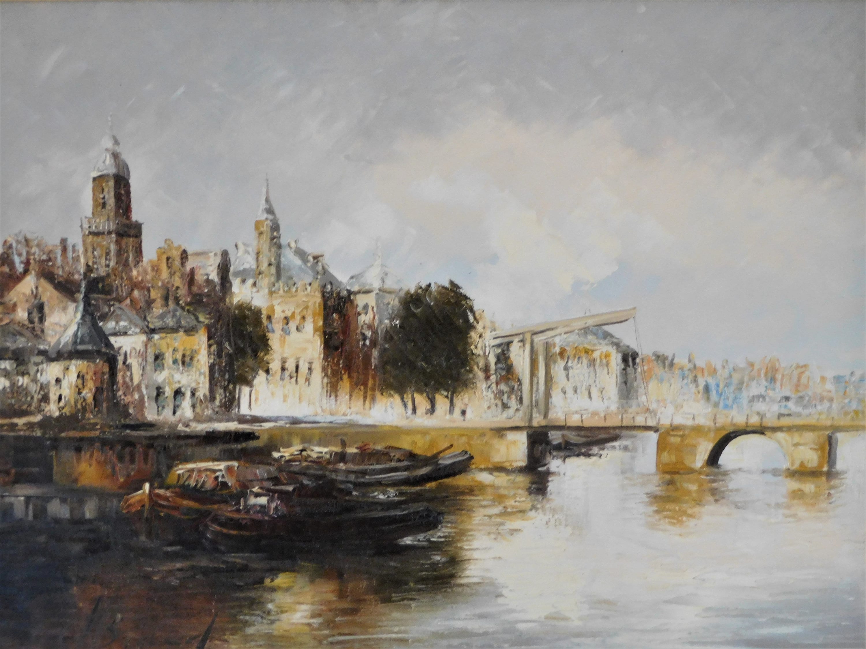 Original Dutch Oil Painting on Canvas, Dutch City Scene by the Canal in ...