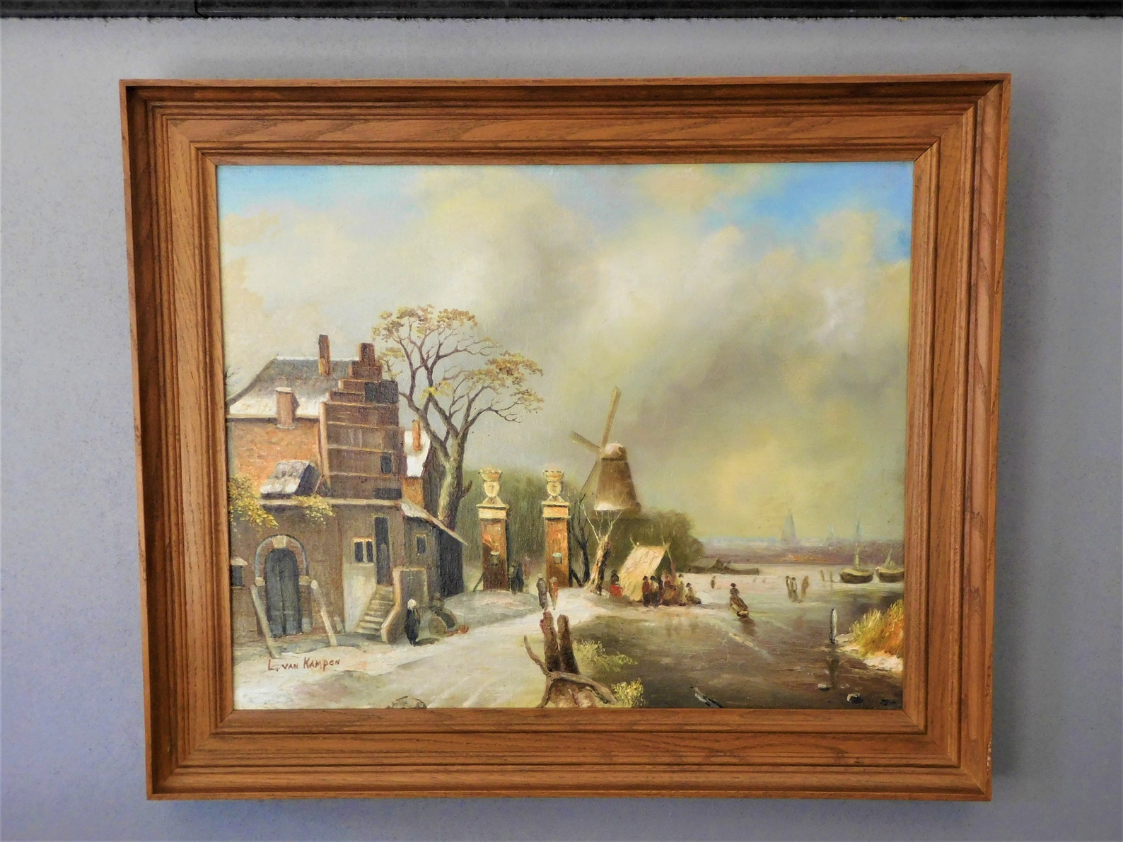 Original Dutch Oil Painting on Canvas, Old Dutch Winter Street Scene by ...