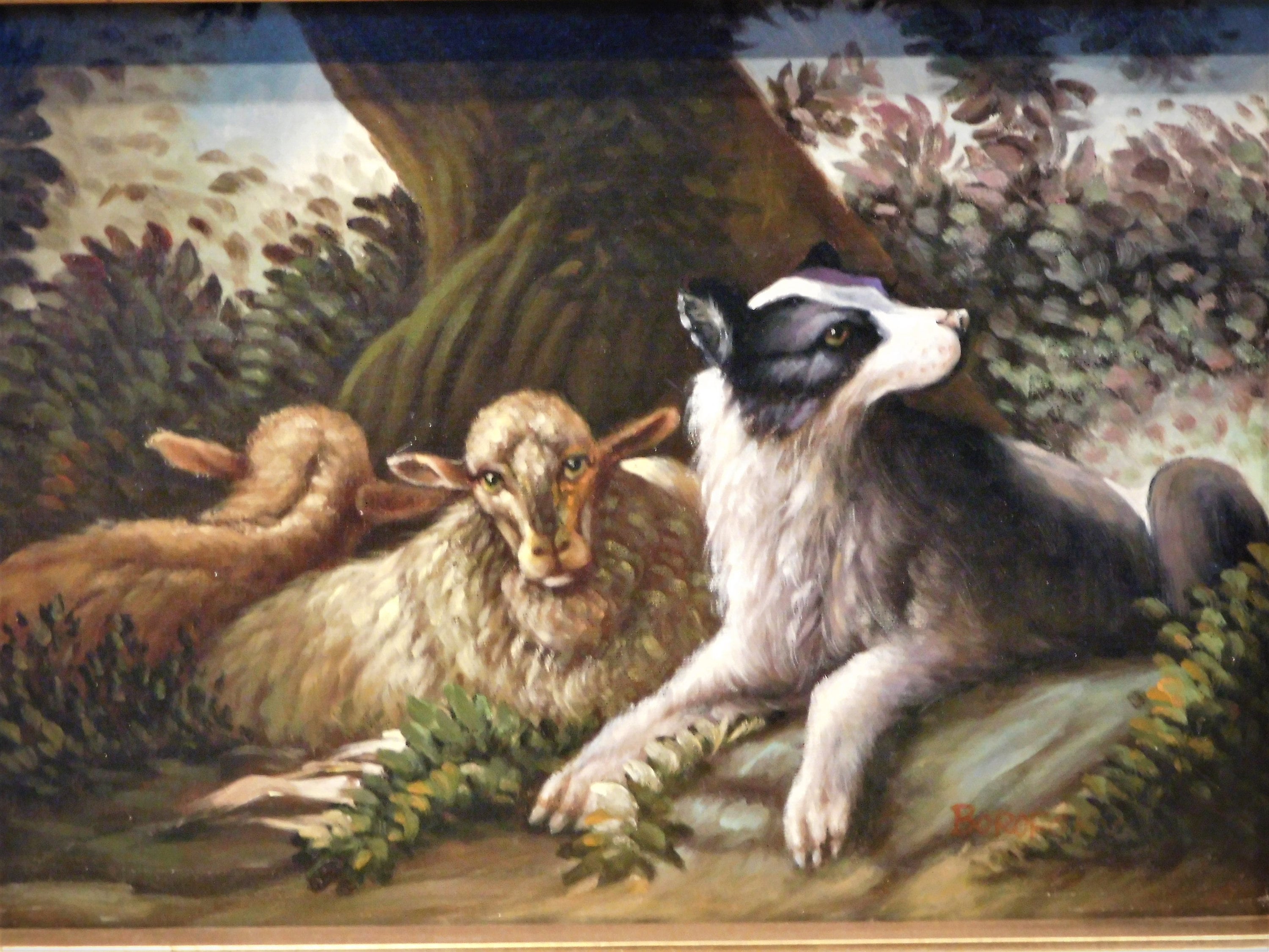 Original Oil Painting on Canvas + Panel, (marouflé) Sheep and a Dog in ...