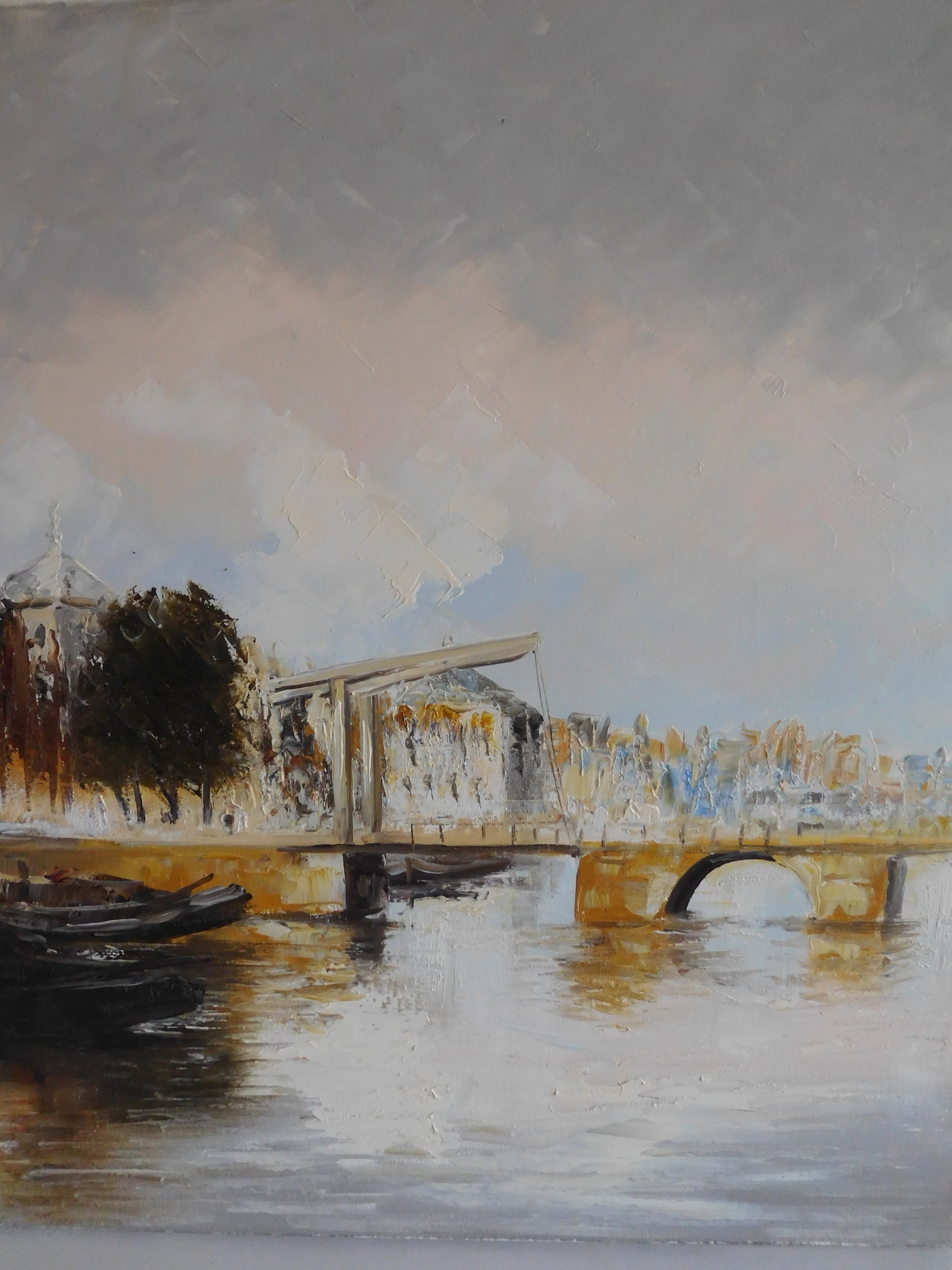 Original Dutch Oil Painting on Canvas, Dutch City Scene by the Canal in ...