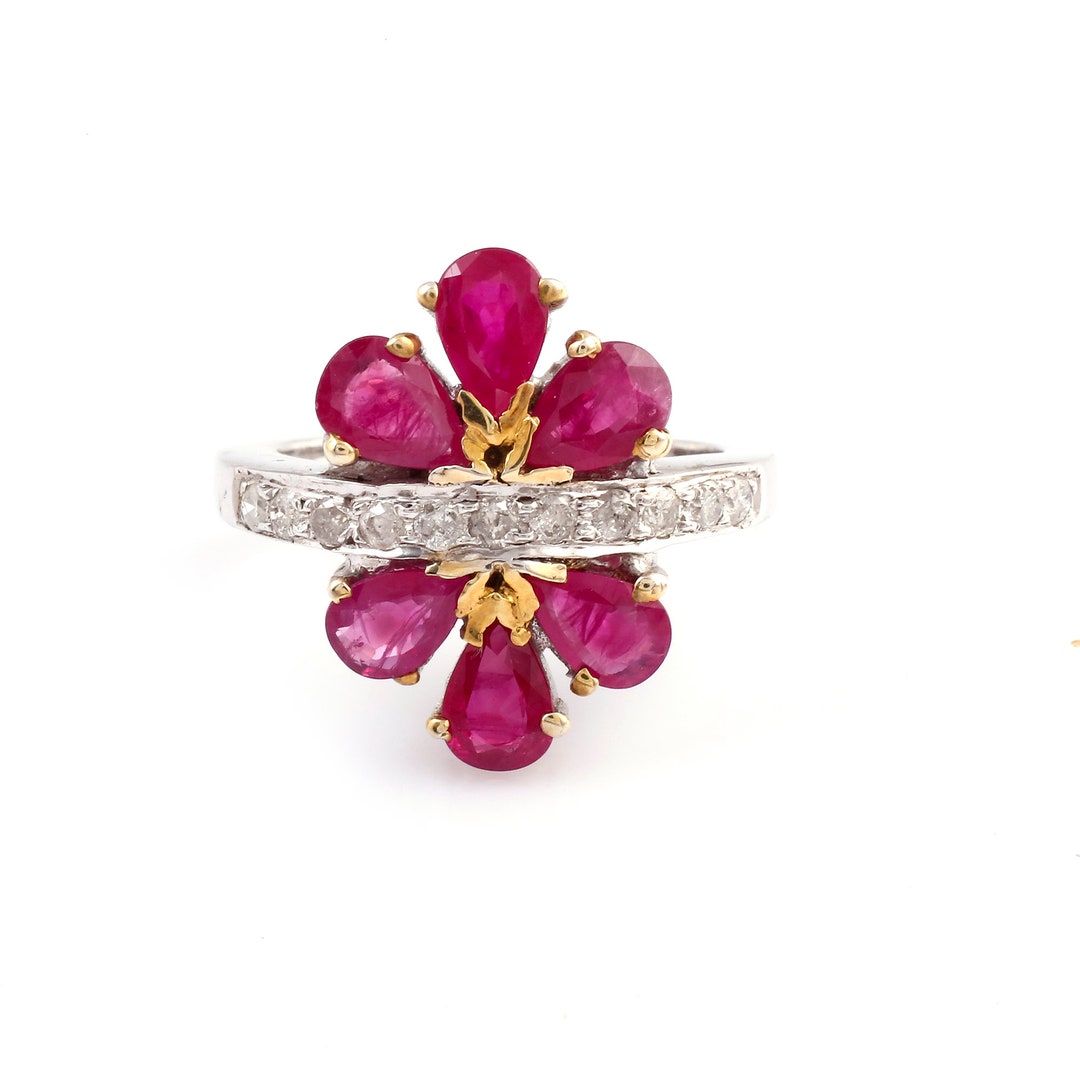 Ruby Diamond Statement Cluster Ring Sterling Silver Handmade Designer Ring Gift for Wife, Her ...