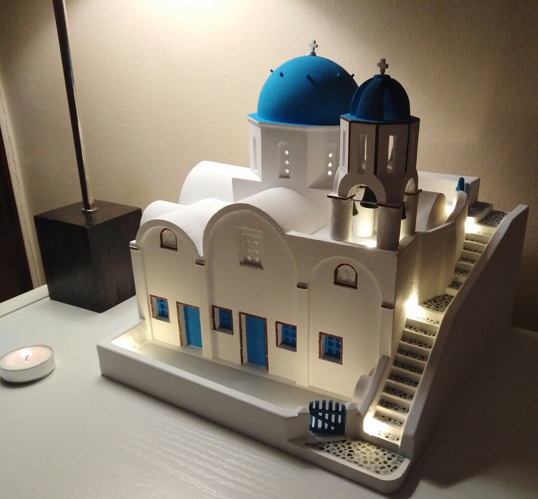 The Blue Dome, Handcarved Santorini Church Model: Illuminated Greek ...
