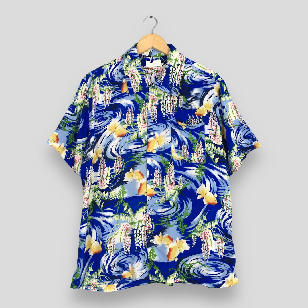 Vintage Hawaiian Patina Japanese Gold Fish Rayon Blue Shirt Medium 80s ...