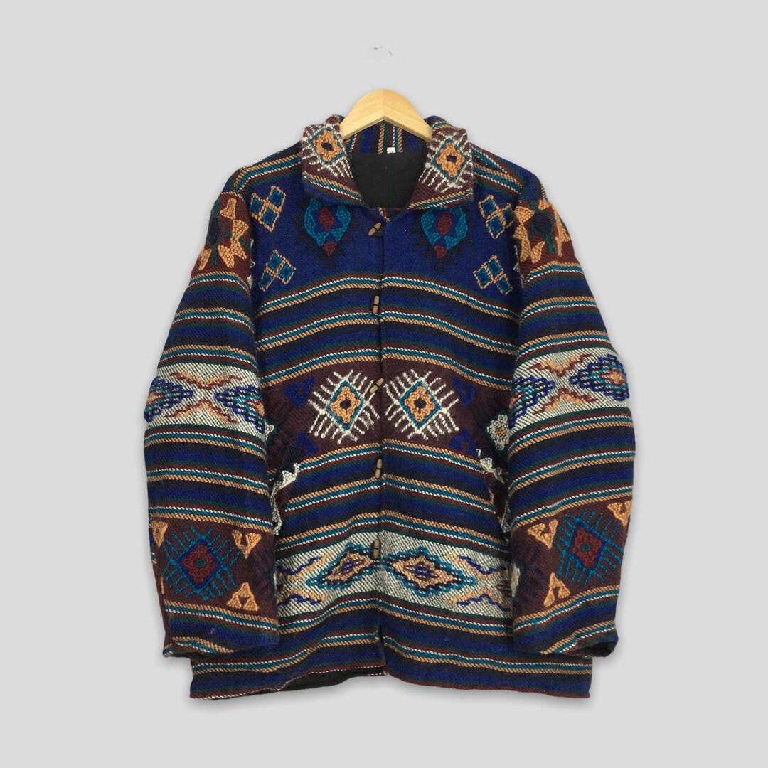 Vintage 1980s Abstract Aztec Navajo Warm up Wool Jacket Medium 70s ...