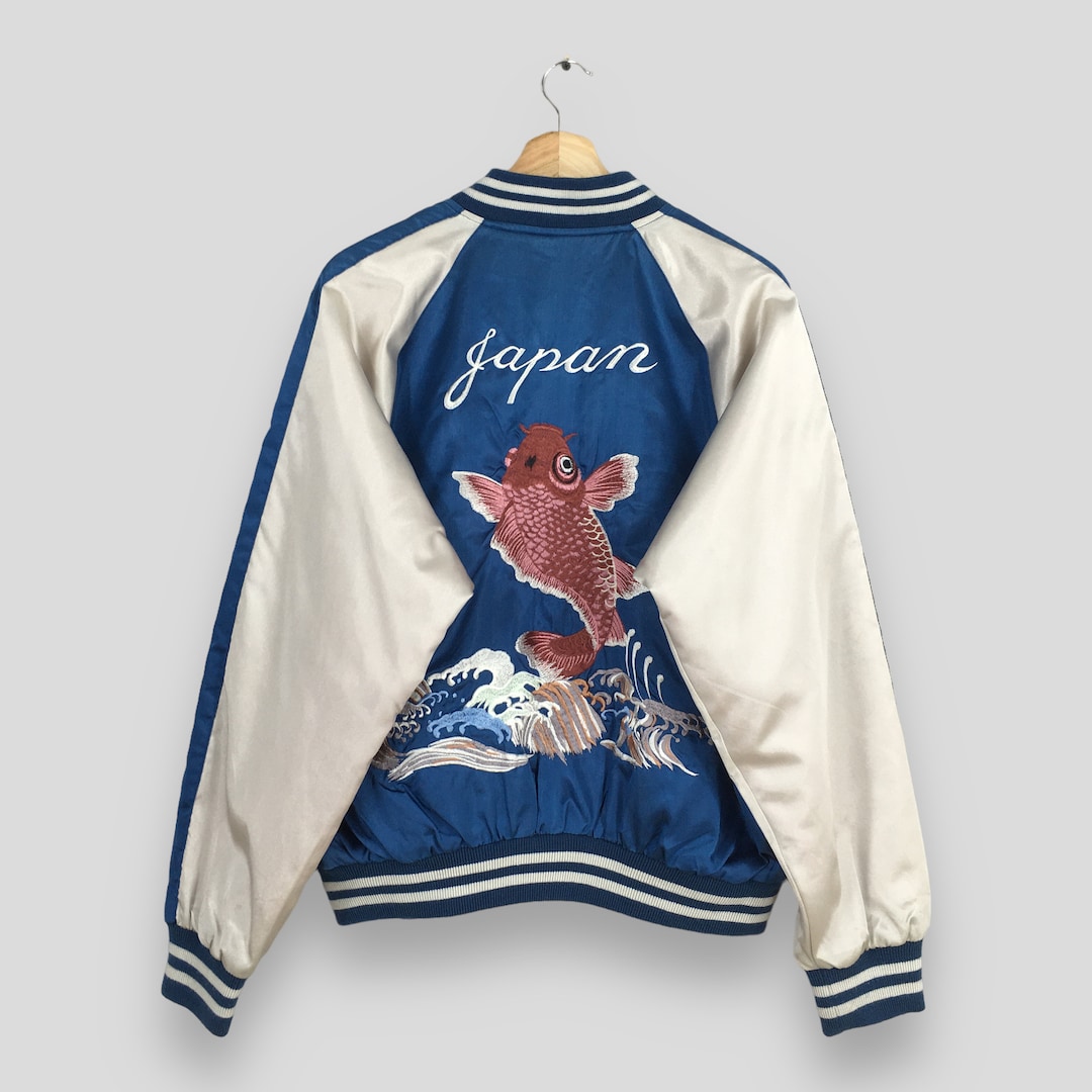 Vintage 1980's Sukajan Japan Fish Koi Jacket Large Fuji Mount Japanese ...