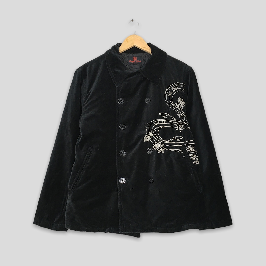 Vintage 90's Cropped Head Dragon Embroidery Black Velvet Jacket Medium ...
