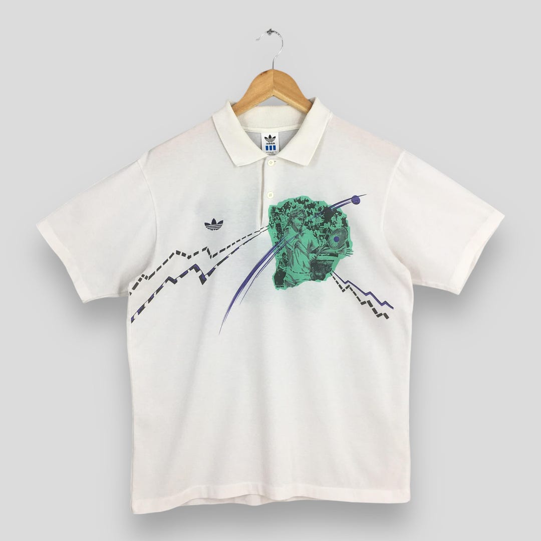 Vintage 80s Adidas Trefoil White Polo Shirt Medium Adidas Stefan Edberg ...