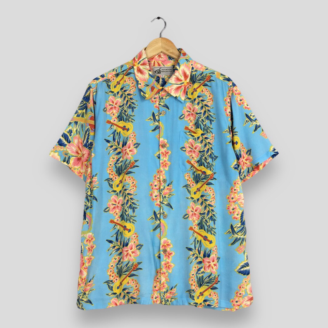 Vintage 80s Hawaii Aloha Floral Blue Shirt Large Hawaiian Tropical ...