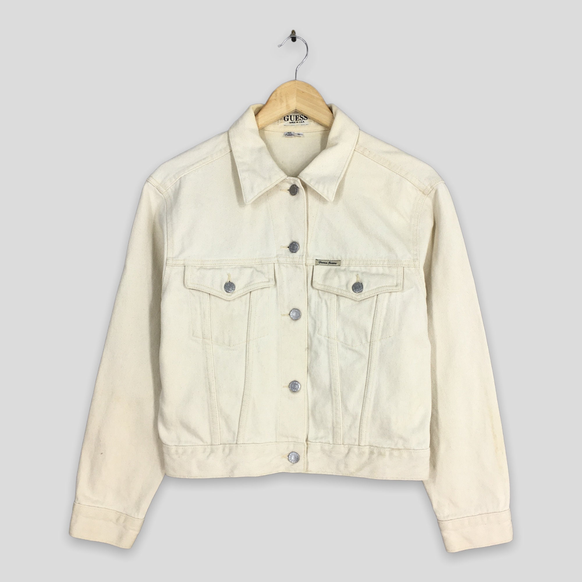 Vintage 90's Guess Jeans Trucker White Denim Jacket Small Vintage 90's Guess Jeans Trucker White Denim Jacket Small
