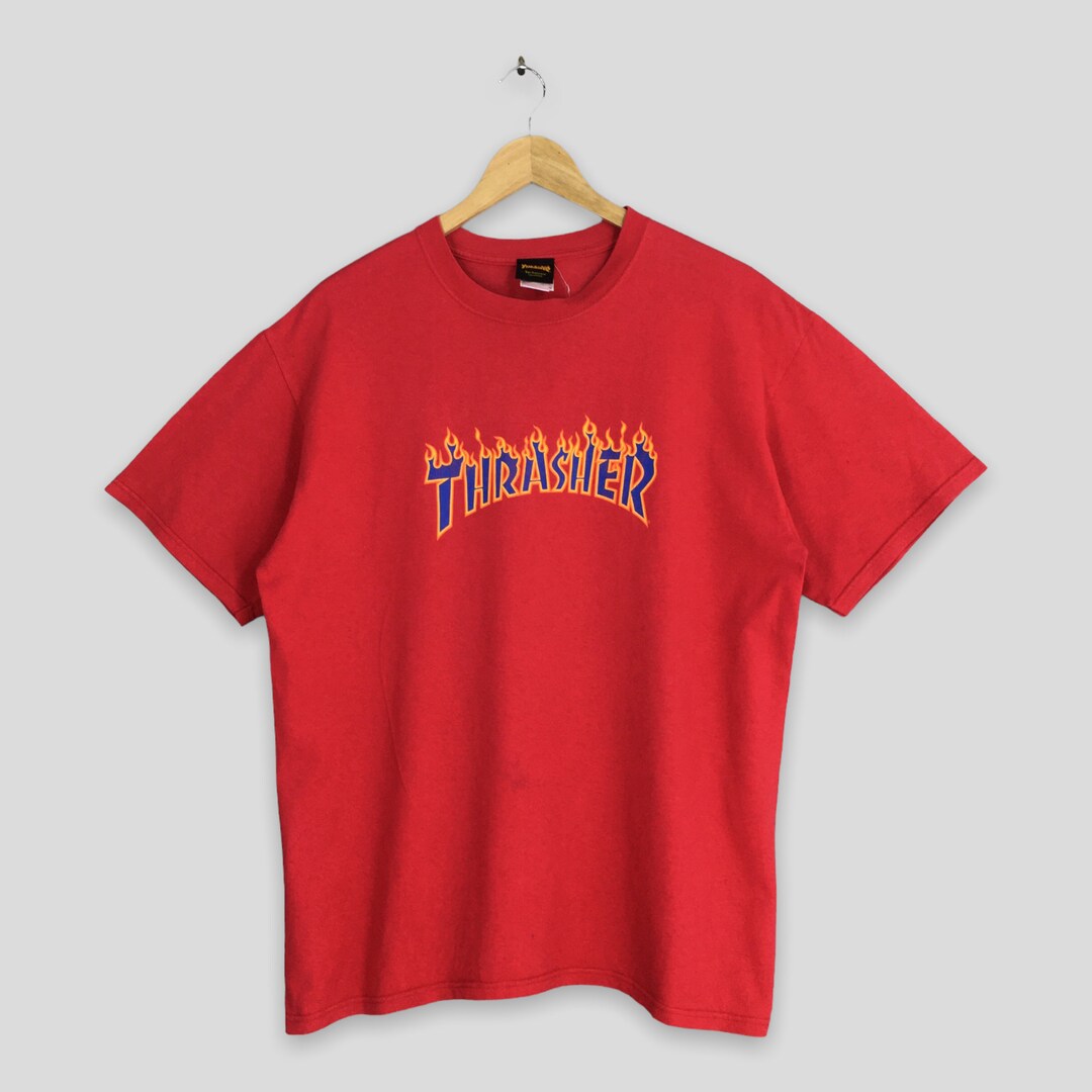 Vintage 90's Thrasher Magazine Fire Flame Red T Shirt Large Thrasher ...