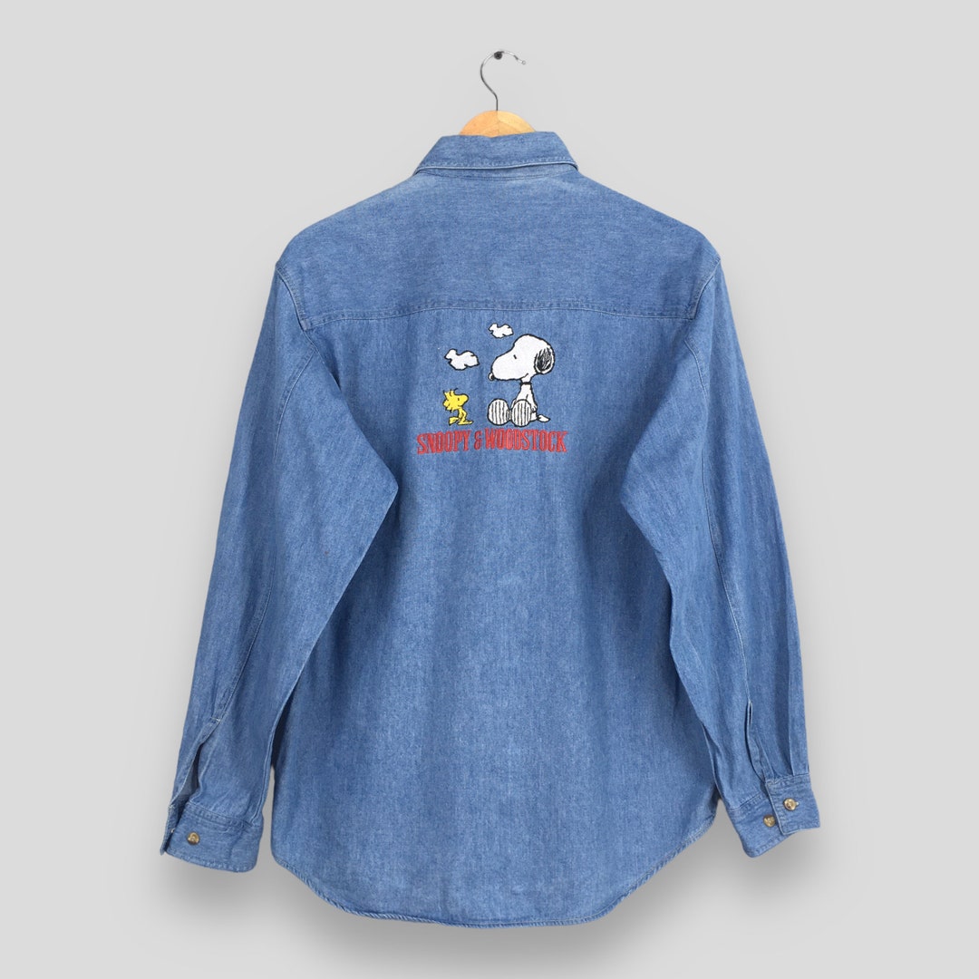 Vintage Snoopy and Woodstock Cartoon Denim Shirt Large 90's Peanuts Snoopy Printed Comic Strip ...