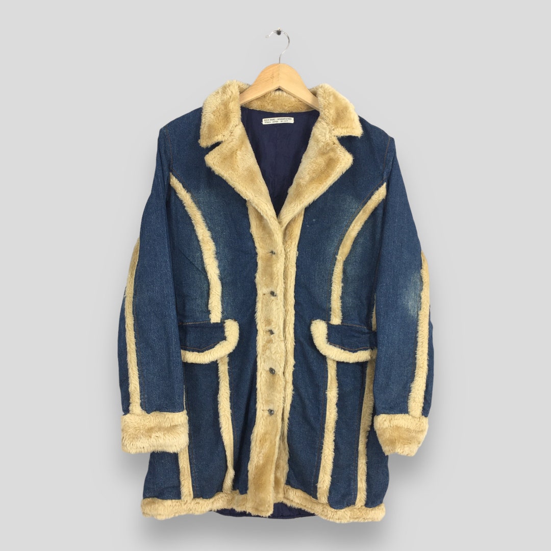 Vintage Rock Babe Japan Denim Long Coat Fux Fur Medium Japanese ...
