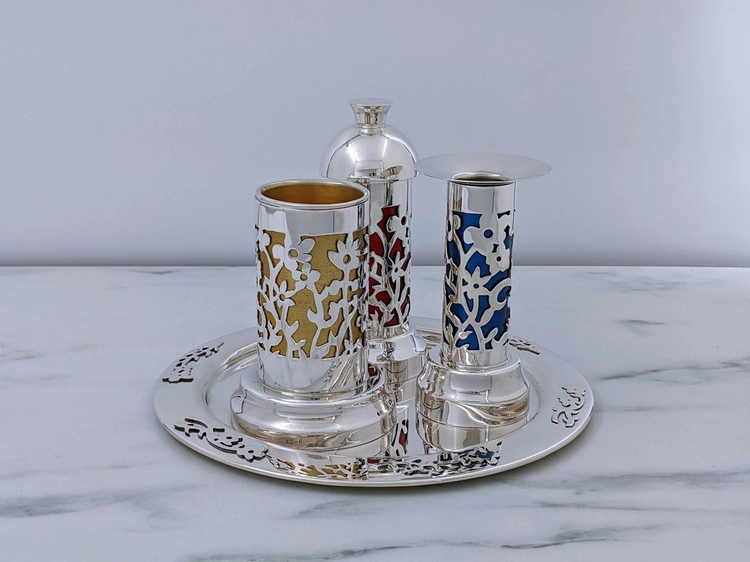 Silver Floral Havdalah Set: Kiddush Cup, Candle Holder, Spice Box - Etsy