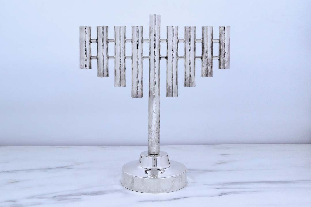 Sterling Silver Hanukkah Menorah: Tall Hammered Candelabra, Jewish Art ...