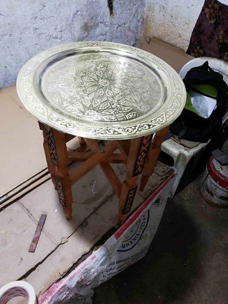 Moroccan End Table With Serving Tray Round End Table Wood - Etsy