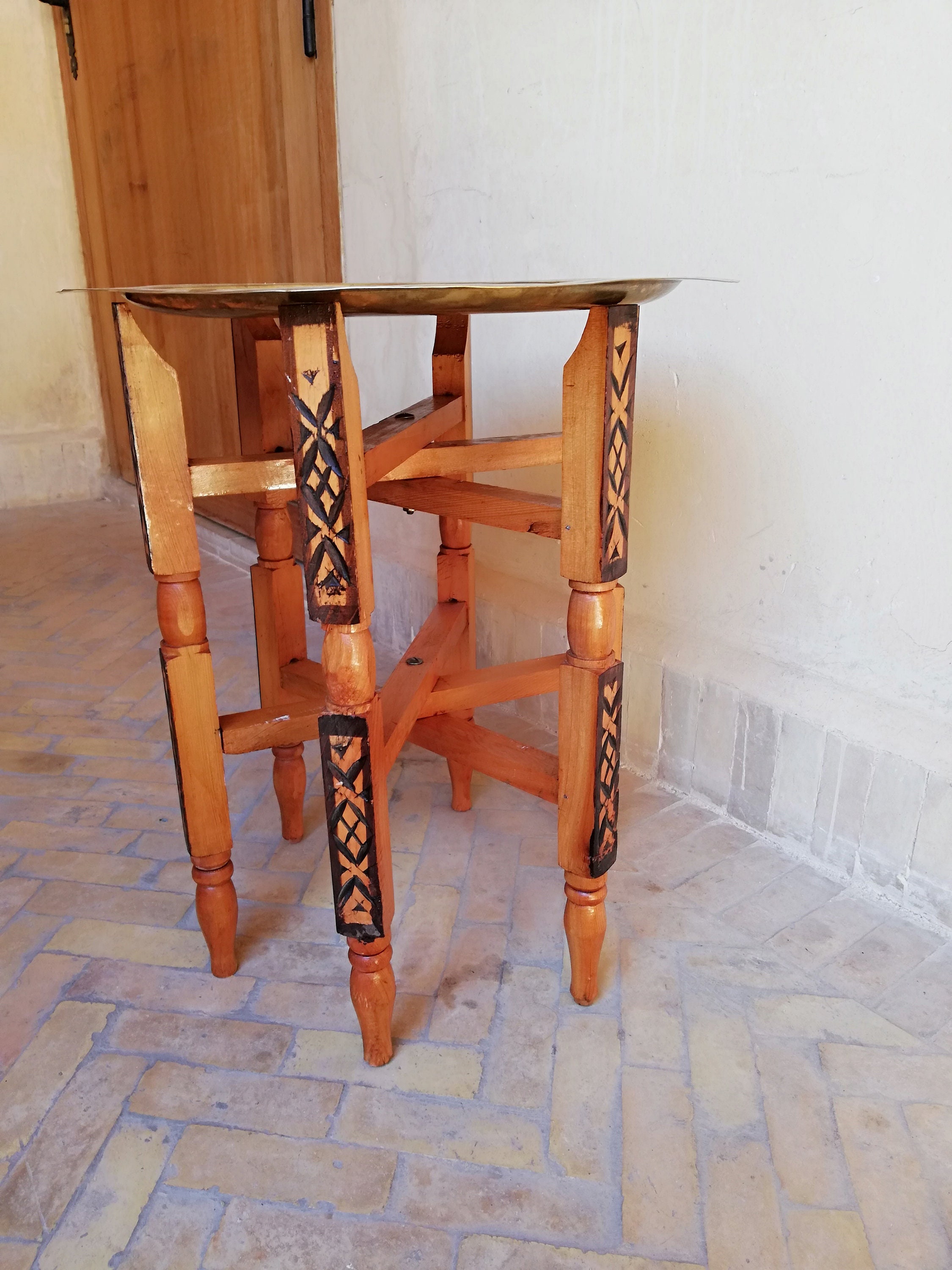 Moroccan End Table With Serving Tray Round End Table Wood - Etsy