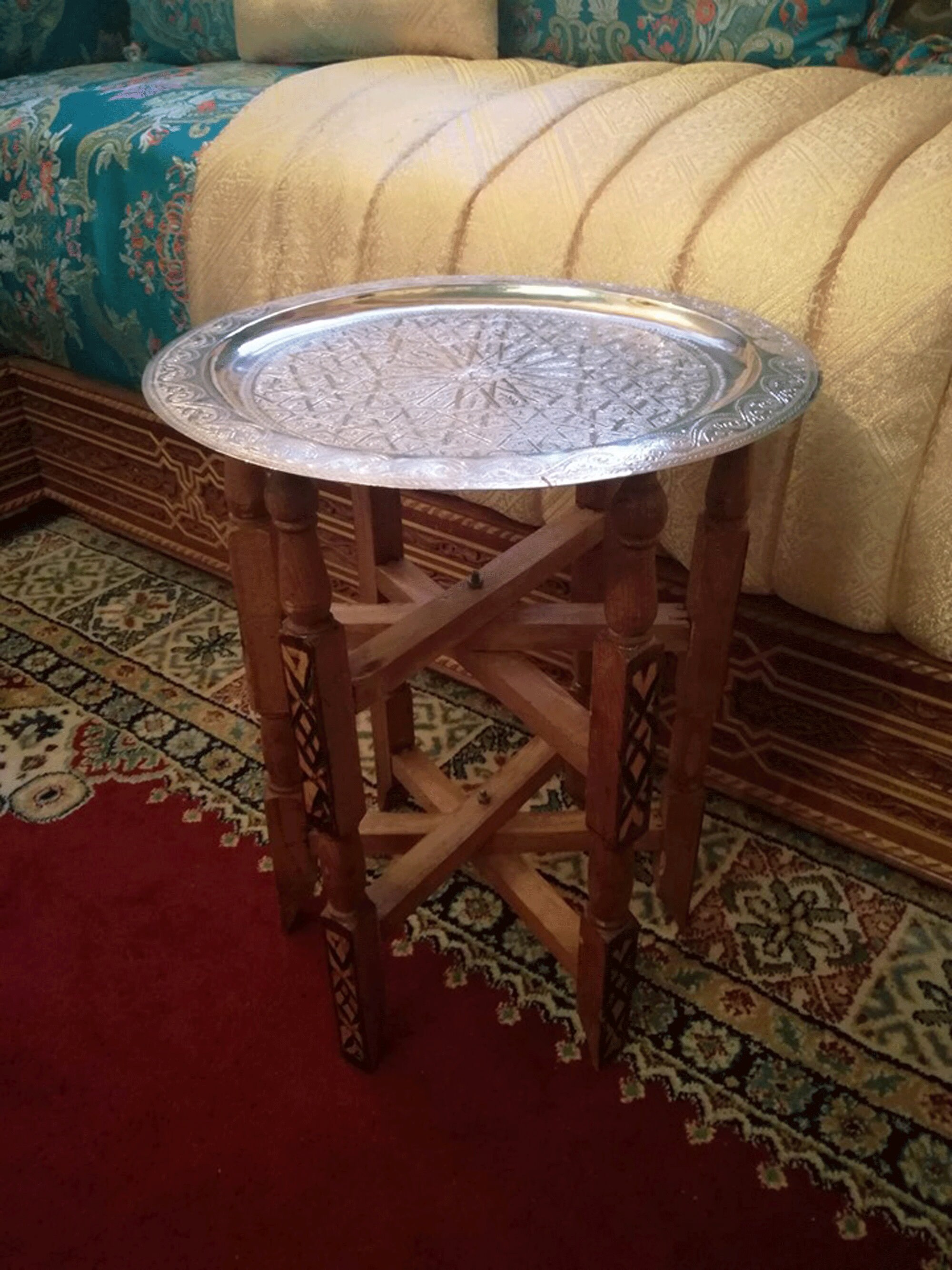 Moroccan End Table With Serving Tray, Round End Table, Wood Side Table ...