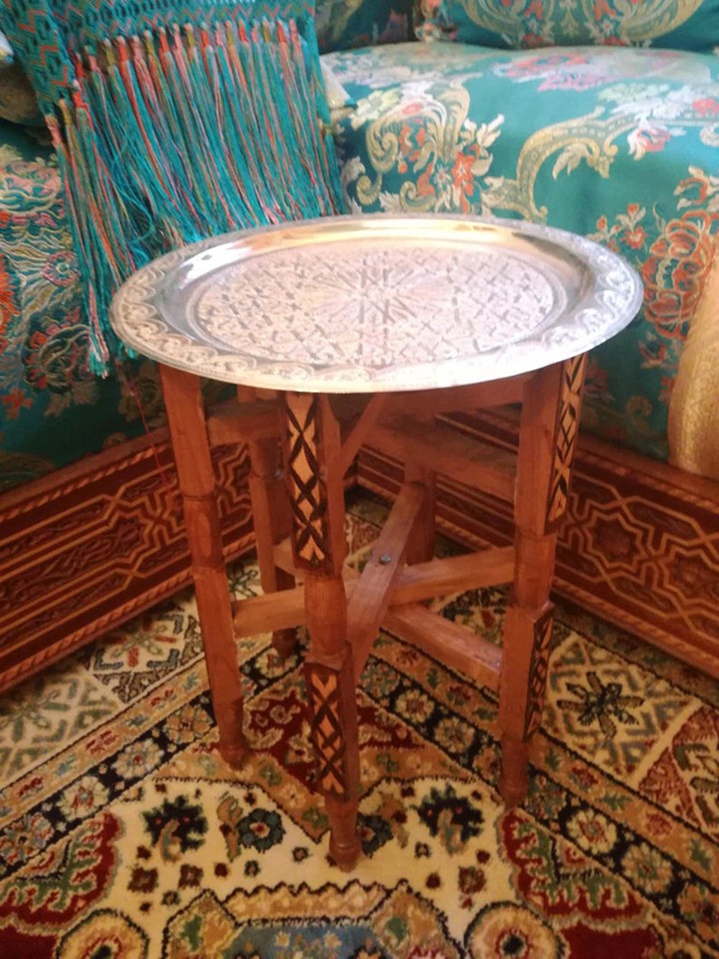 Moroccan End Table With Serving Tray, Round End Table, Wood Side Table ...