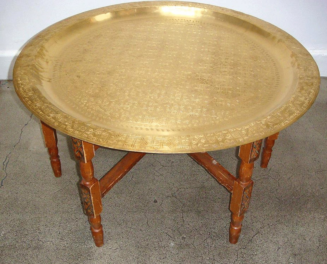 Moroccan End Table With Serving Tray Round End Table Wood | Etsy