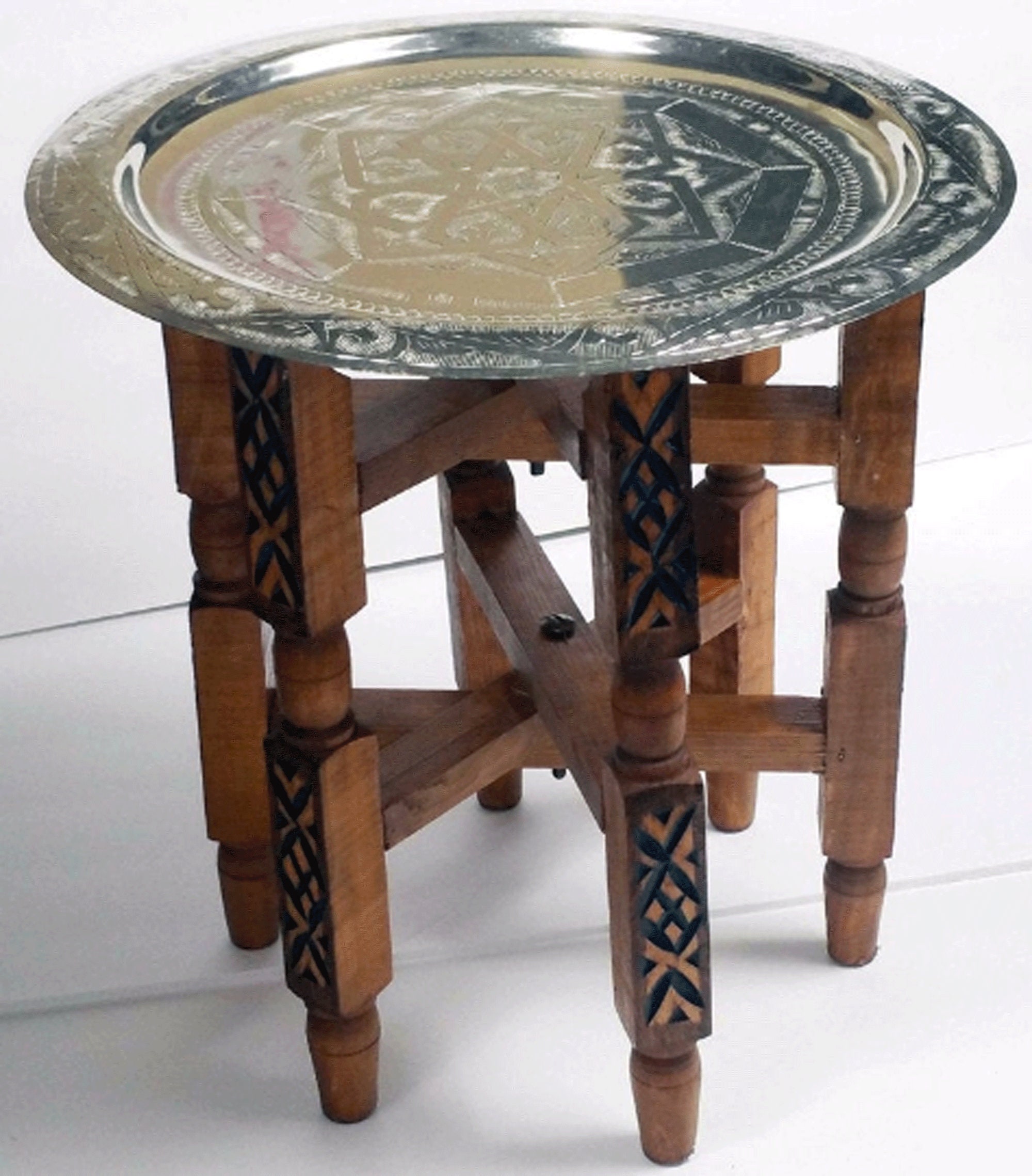 Moroccan End Table With Serving Tray, Round End Table, Wood Side Table ...
